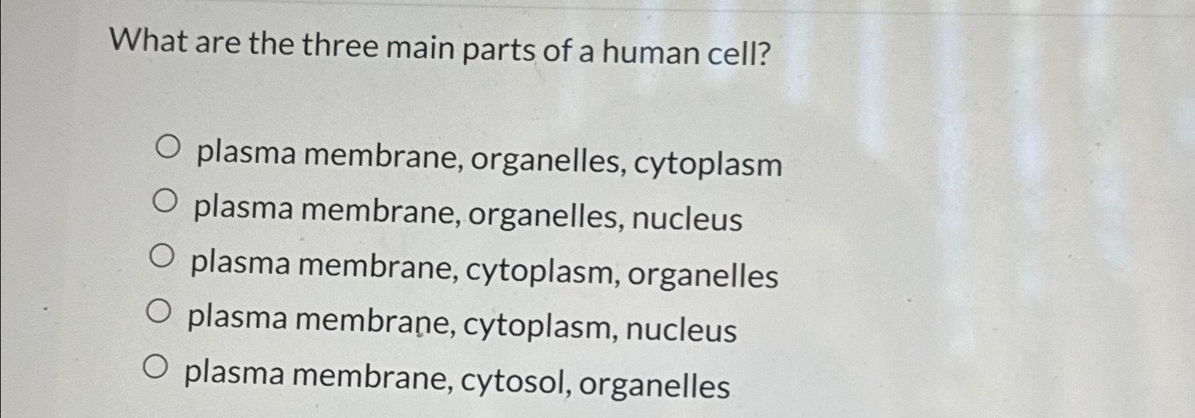 Solved What are the three main parts of a human cell?plasma | Chegg.com