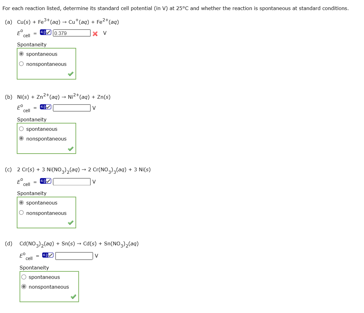 Solved For each reaction listed, determine its standard cell | Chegg.com