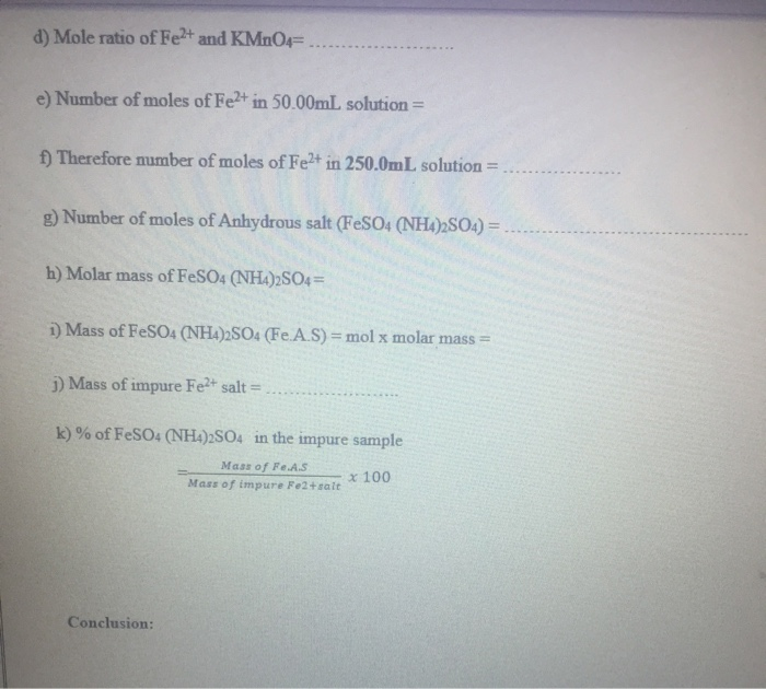 Part-II Determination of purity of Fe + salt. Table | Chegg.com