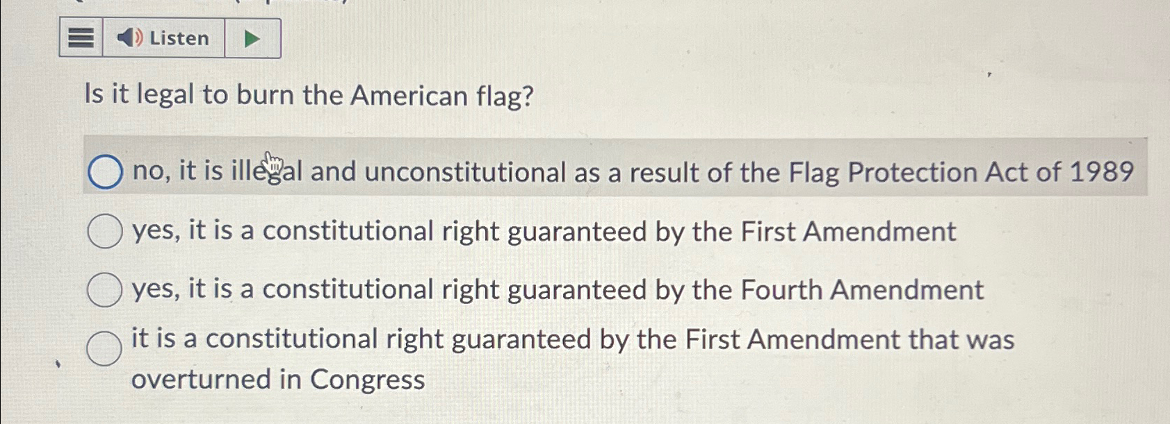 Solved ListenIs it legal to burn the American flag?no, ﻿it | Chegg.com