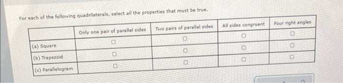 Solved For each of the following quadrilaterals, select all | Chegg.com