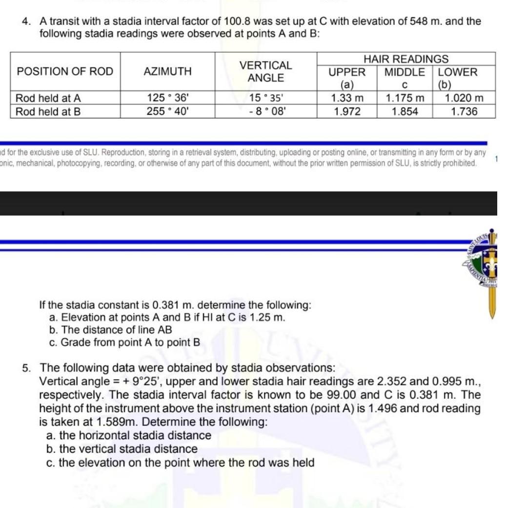 Solved 4. A transit with a stadia interval factor of 100.8 | Chegg.com