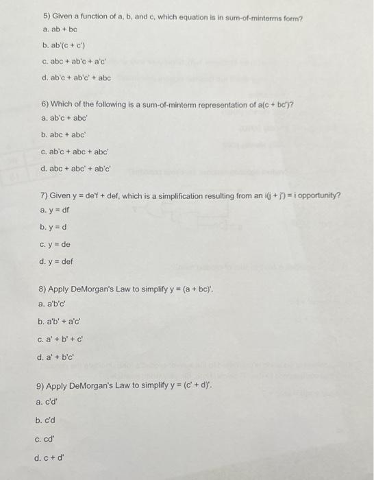 Solved 5) Given a function of a, b, and c, which equation is | Chegg.com