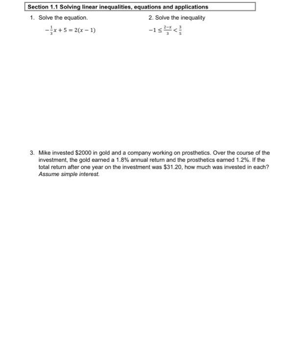 Solved Section 1.1 Solving linear inequalities, equations | Chegg.com