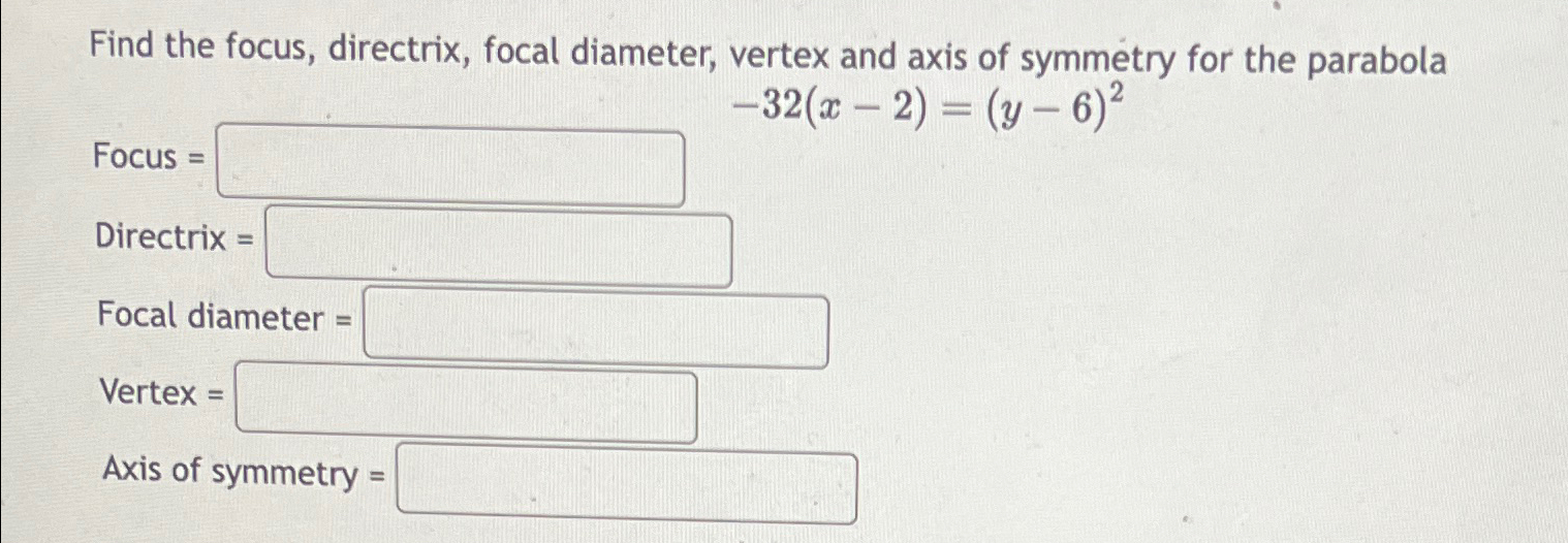 Solved Find the focus, directrix, focal diameter, vertex and | Chegg.com