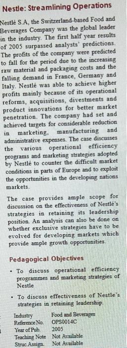 Solved Nestle: Streamlining Operations Nestle S.A, the | Chegg.com