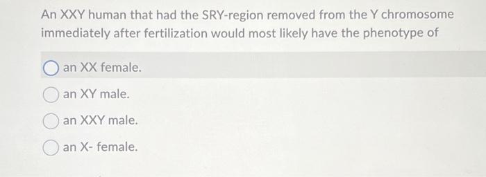 Solved An XXY human that had the SRY-region removed from the | Chegg.com