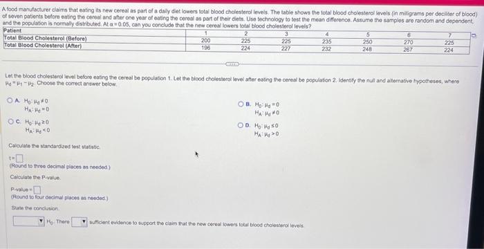 Solved A tood manutacturer elaims that eating ins new cereal | Chegg.com