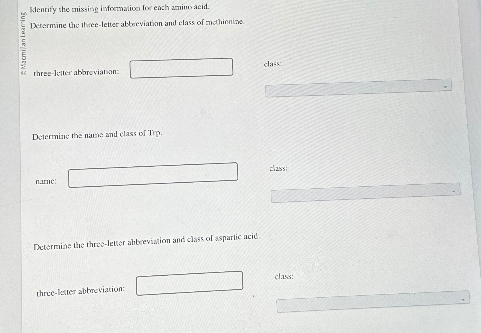 Solved Identify the missing information for each amino | Chegg.com