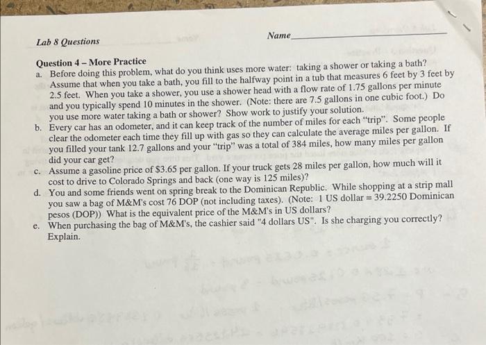 Solved Lab 8 Questions Name Question 4-More Practice a. | Chegg.com