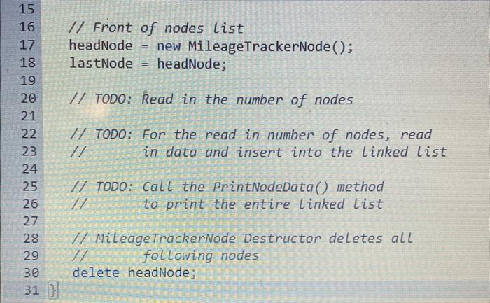 Solved Given the MileageTrackerNode class, complete main0 to | Chegg.com