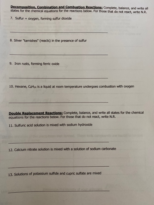 Solved Decomposition. Combination and Combustion Reactions: | Chegg.com