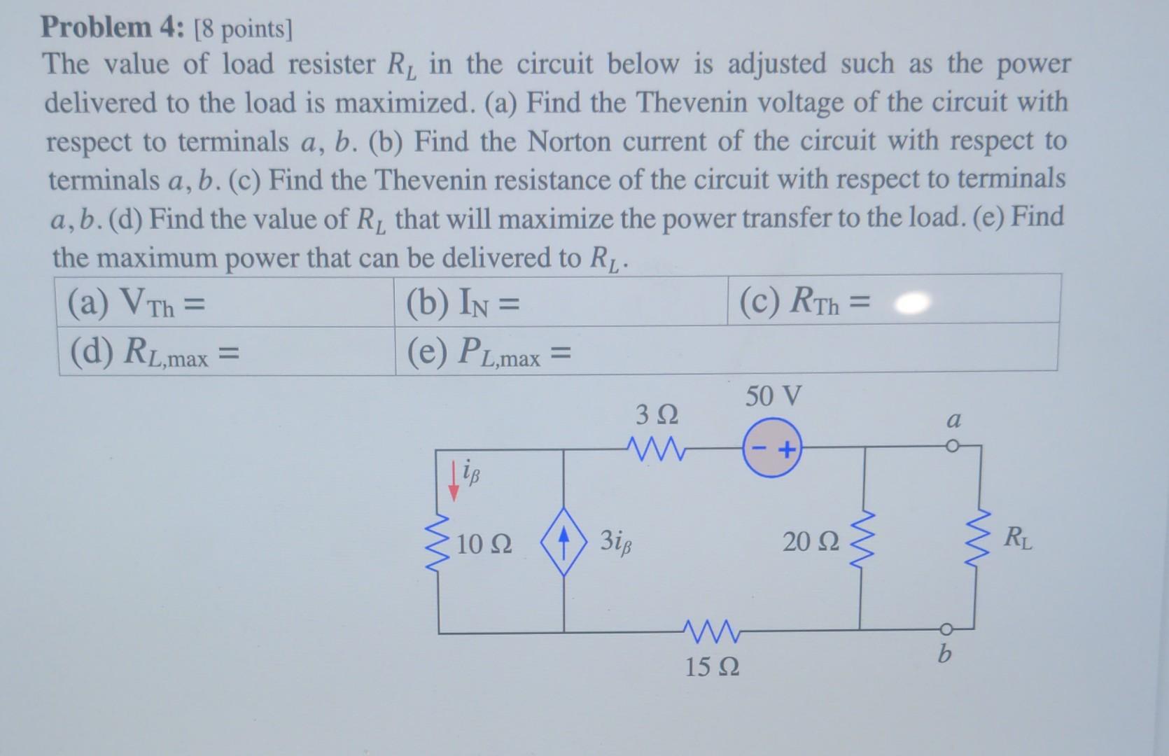 Solved Problem 4: [8 points] The value of load resister RL | Chegg.com
