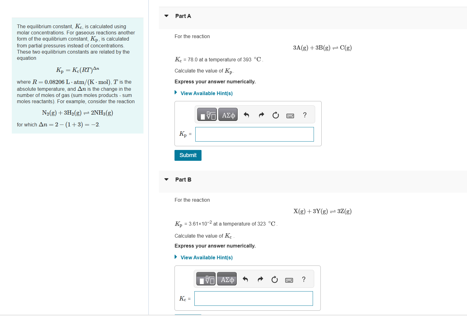 Solved Part AThe equilibrium constant, Kc, is ﻿calculated | Chegg.com