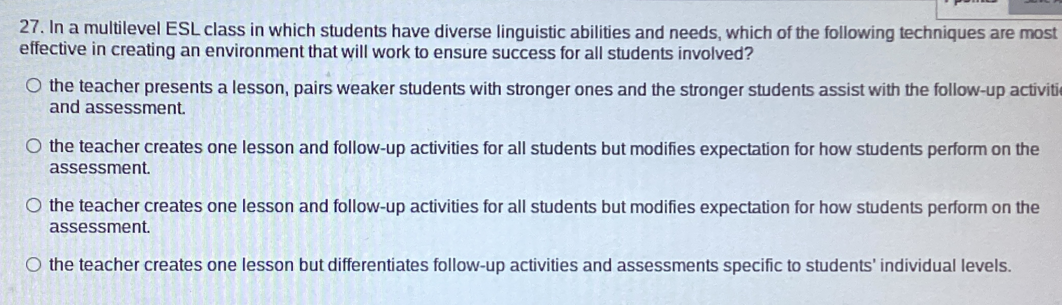 Solved In a multilevel ESL class in which students have | Chegg.com