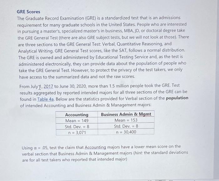 Solved GRE Scores The Graduate Record Examination (GRE) is a | Chegg.com
