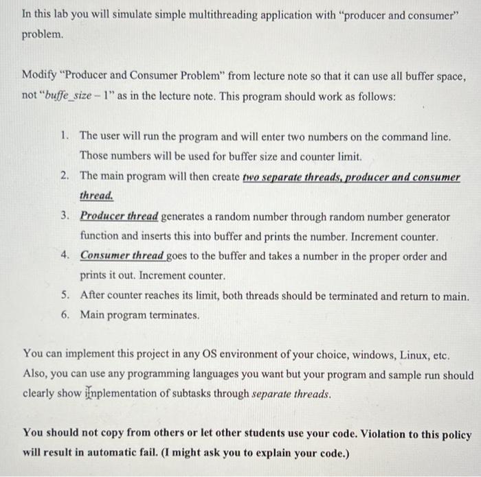 Solved In this lab you will simulate simple multithreading | Chegg.com