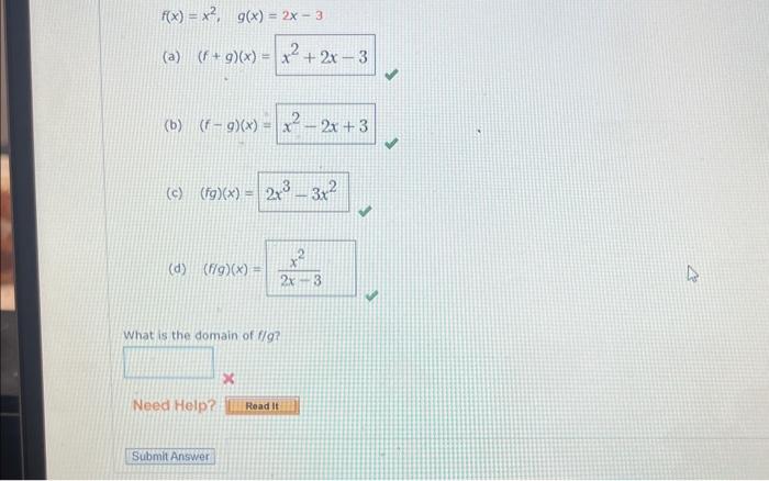 Solved f(x)=x2,g(x)=2x−3 (a) (f+g)(x)=x2+2x−3 (b) (f−g)(x)= | Chegg.com