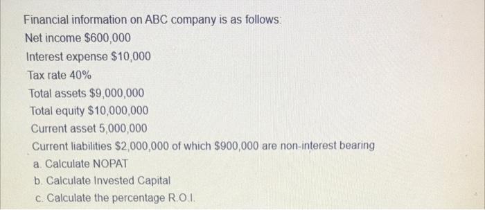 Solved Financial information on ABC company is as follows: | Chegg.com