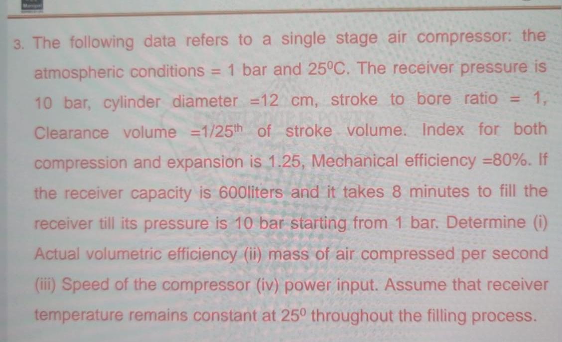 Solved 3. The following data refers to a single stage air | Chegg.com