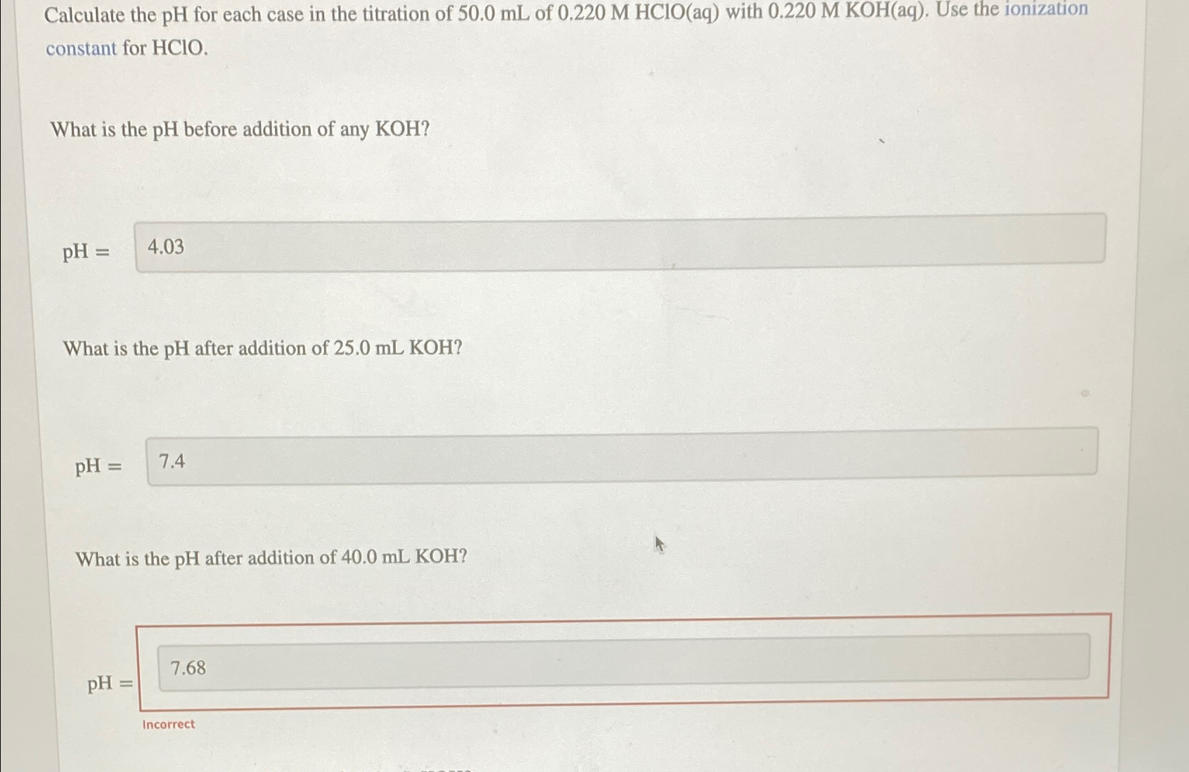 Solved Calculate the pH ﻿for each case in the titration of | Chegg.com