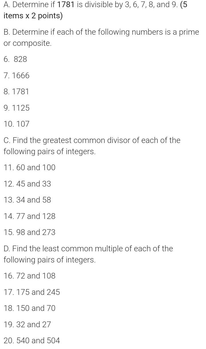 Solved A. Determine if 1781 is divisible by 3, 6, 7, 8, and | Chegg.com