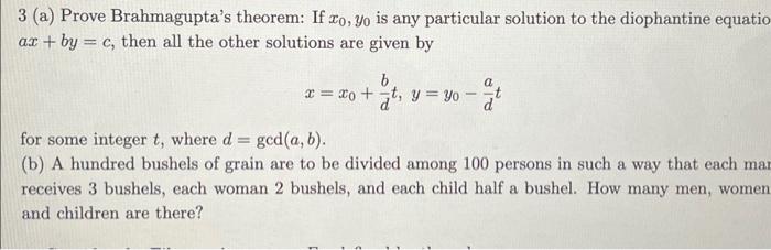 Solved 3 (a) Prove Brahmagupta's theorem: If x0,y0 is any | Chegg.com