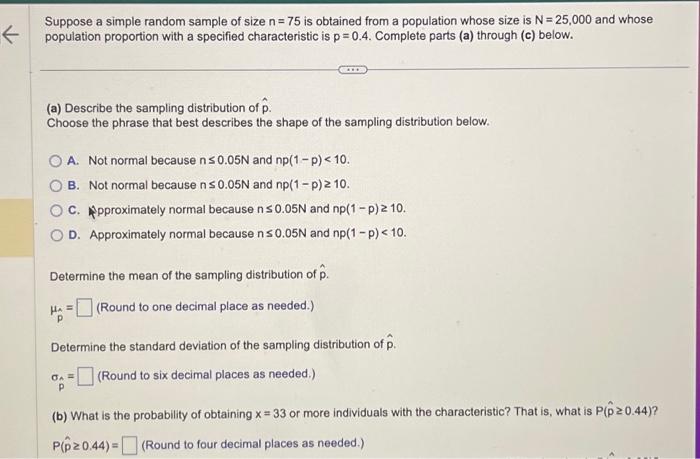 Solved Suppose a simple random sample of size n=75 is | Chegg.com