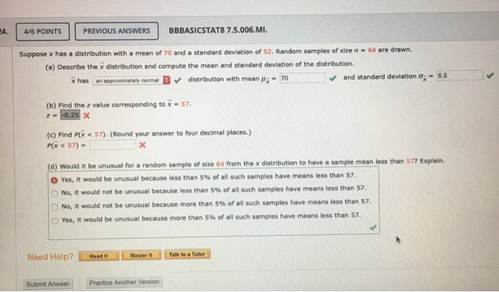 Solved 4/6 POINTS PREVIOUS ANSWERS BBBASICSTAT8 7.5.006.MI. | Chegg.com
