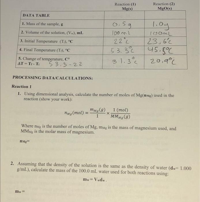 Solved Reaction (1) Mg(s) Reaction (2) MgO(s) DATA TABLE 1. | Chegg.com