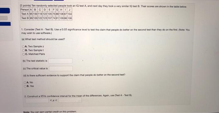Solved (2 points) Ten randomly selected people took an 1Q | Chegg.com