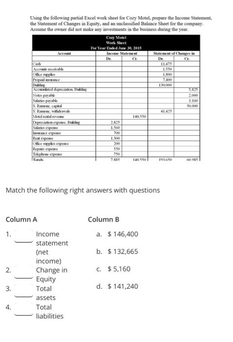 Solved Using the following partial Excel work sheet for Cozy | Chegg.com