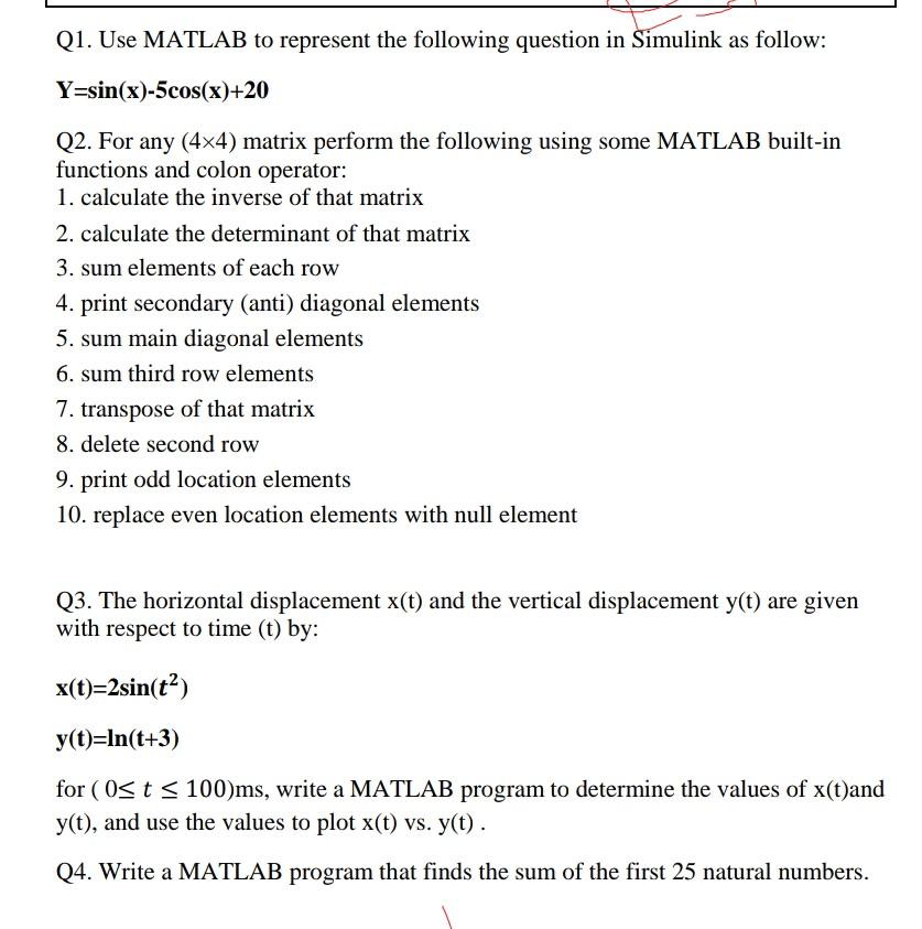 Solved Q1. Use MATLAB to represent the following question in | Chegg.com