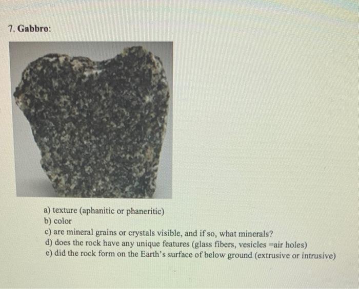 Solved 7. Gabbro: a) texture (aphanitic or phaneritic) b) | Chegg.com