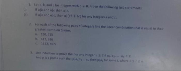 Solved 1. Let a,b, and e be integers with c =0. Prove the | Chegg.com