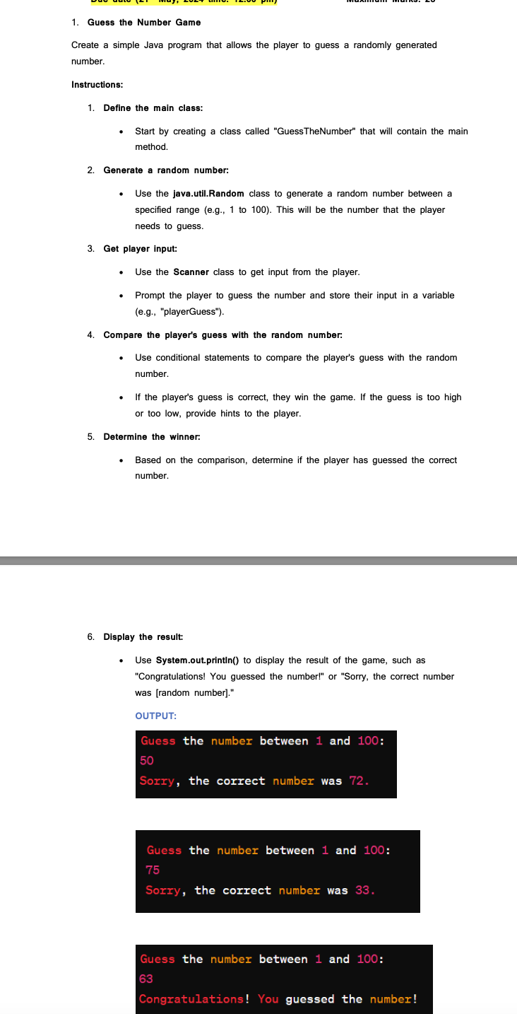 Solved Guess the Number GameCreate a simple Java program | Chegg.com