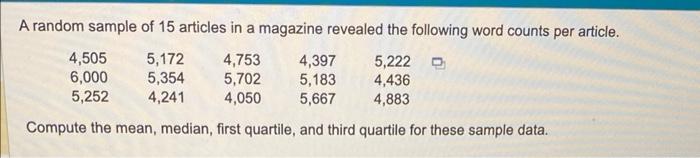 Solved A random sample of 15 articles in a magazine revealed | Chegg.com