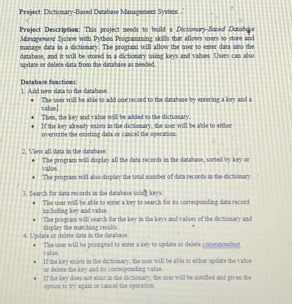 Solved Project Dicticonary-Based Database Management System | Chegg.com