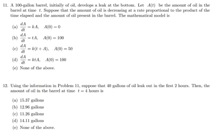 Solved 11. A 100-gallon barrel, initially of oil, develops a | Chegg.com