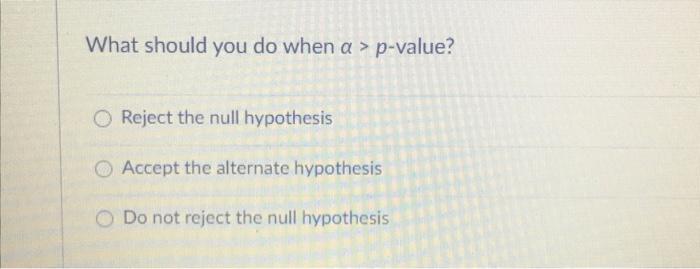 Solved What should you do when α>p-value? Reject the null | Chegg.com