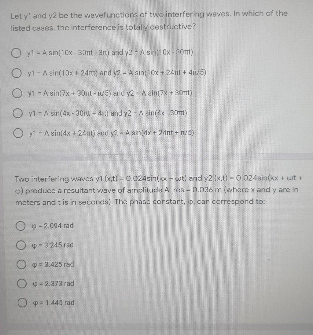 Solved Let y1 and y2 be the wavefunctions of two interfering | Chegg.com