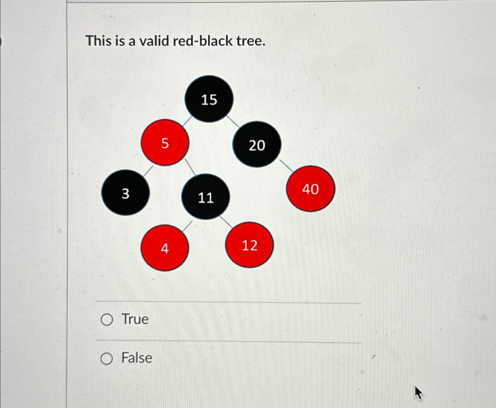 Solved This is a valid red-black tree.TrueFalse | Chegg.com