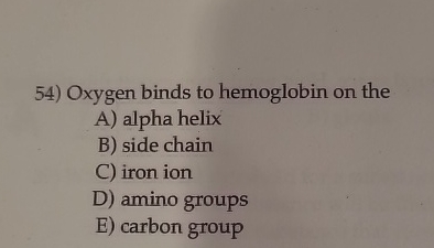 Solved Oxygen binds to hemoglobin on theA) ﻿alpha helixB) | Chegg.com