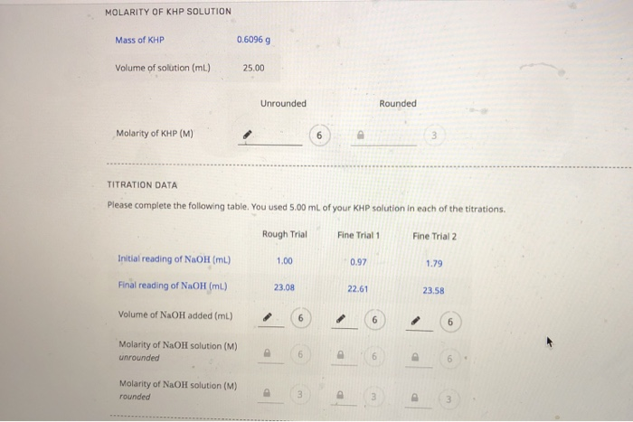 Solved MOLARITY OF KHP SOLUTION Mass of KHP 0.60969 Volume | Chegg.com