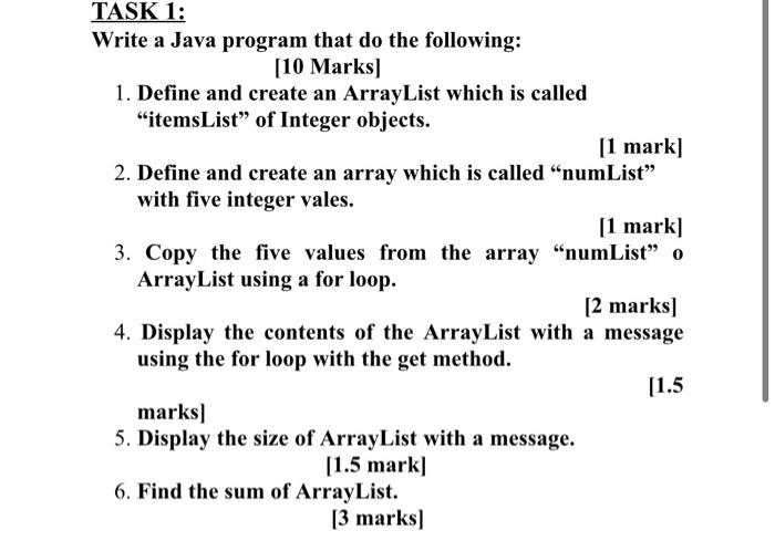 Solved TASK 1: Write a Java program that do the following: | Chegg.com