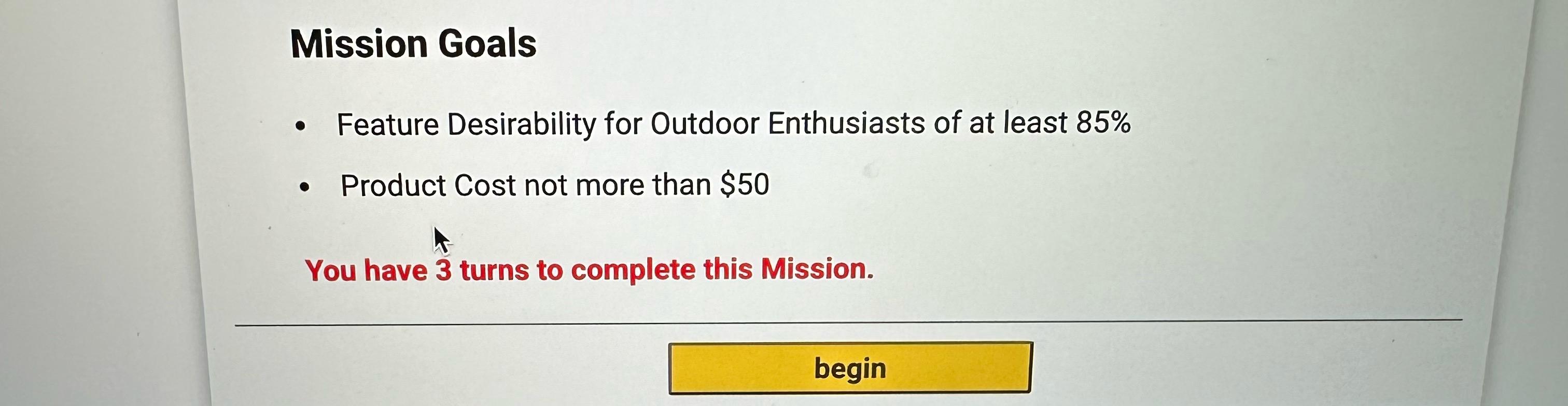 Solved Mission GoalsFeature Desirability for Outdoor | Chegg.com