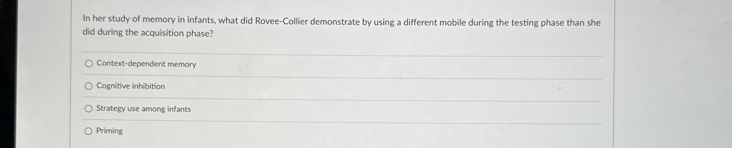 Solved In her study of memory in infants, what did | Chegg.com
