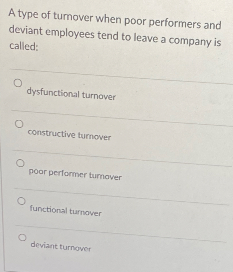 Solved A type of turnover when poor performers and deviant | Chegg.com