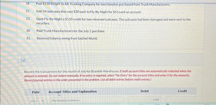 Solved Bramble Warehouse distributes suitcases to retail | Chegg.com