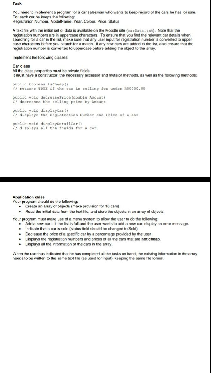 Solved Task You need to implement a program for a car | Chegg.com